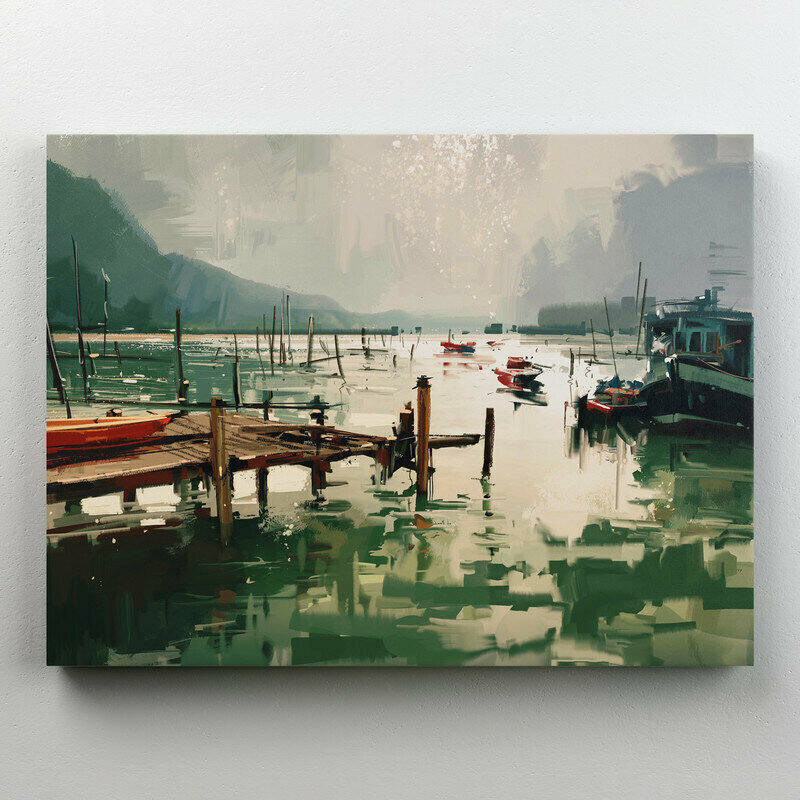 Интерьерная картина на холсте "Живопись - озеро в дождливый день" размер 30x22 см