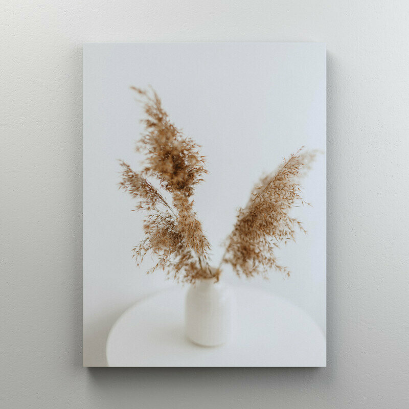 Интерьерная картина на холсте "Натюрморт в скандинавском стиле - белая ваза и пампасная трава" размер 30x40 см