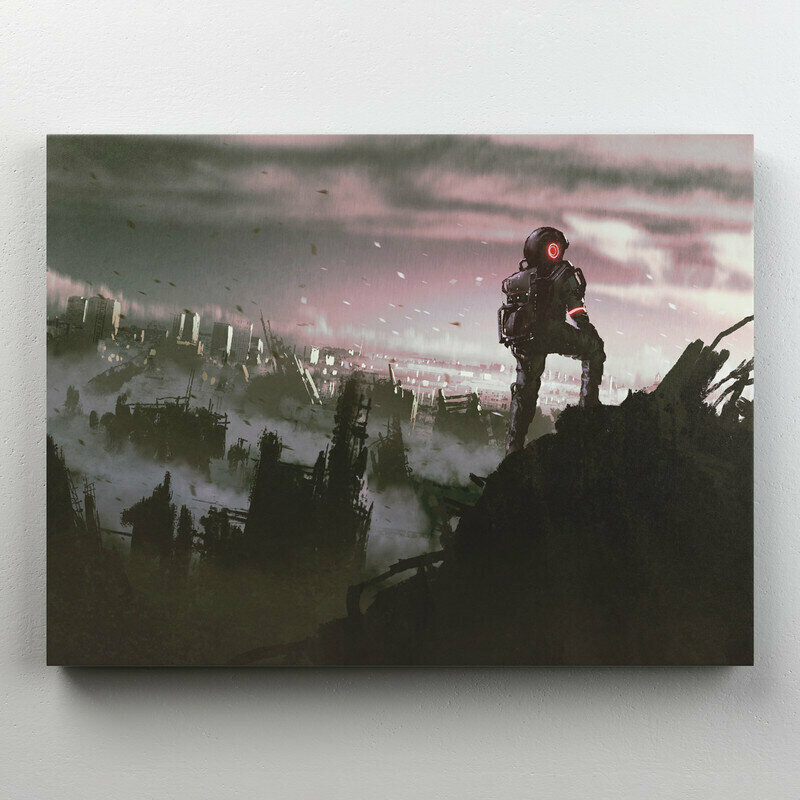 Интерьерная картина на холсте "Сталкер взобрался на разрушенную высотку" размер 30x22 см