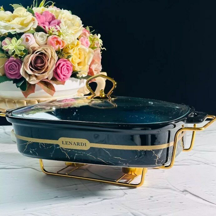 Прямоугольный сервировочный мармит 28см с крышкой на подставке Фарфор 133-355 118-133-355