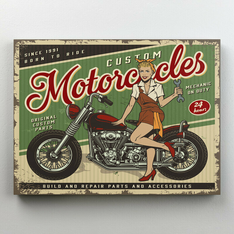 Интерьерная картина на холсте "Винтажный постер - Мотоклуб в стиле пин ап" размер 60x45 см