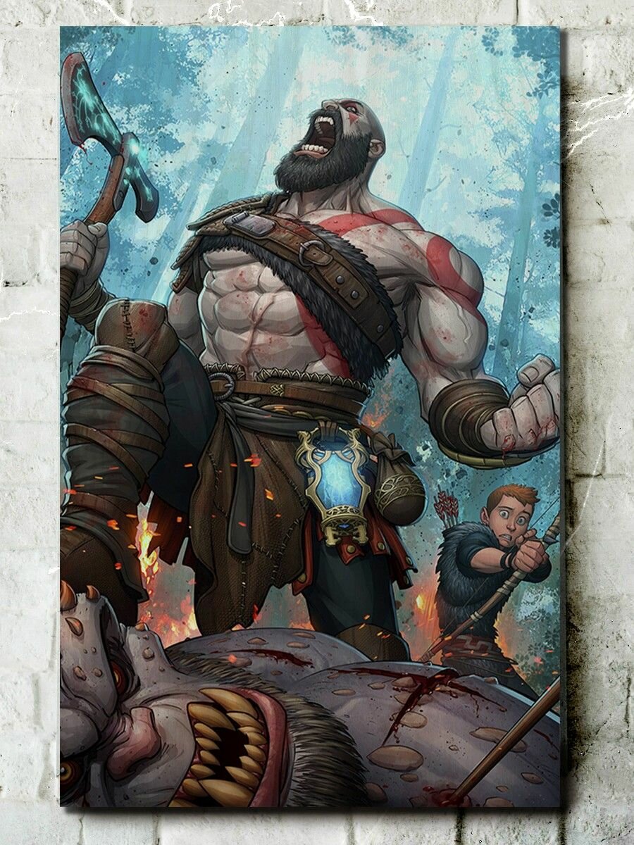 Картина интерьерная на дереве God of War Бог Войны, Мифы, Кратос, Атрей - 14207