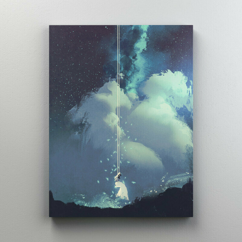 Интерьерная картина на холсте "Девушка на качелях под ночным небом со звездами и облаками" размер 30x40 см