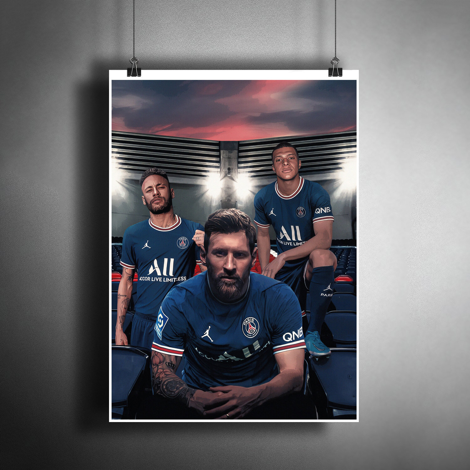 Постер плакат для интерьера "Футболисты Месси, Неймар, Мбаппе. ФК Пари Сен-Жермен" / A3 (297 x 420 мм)