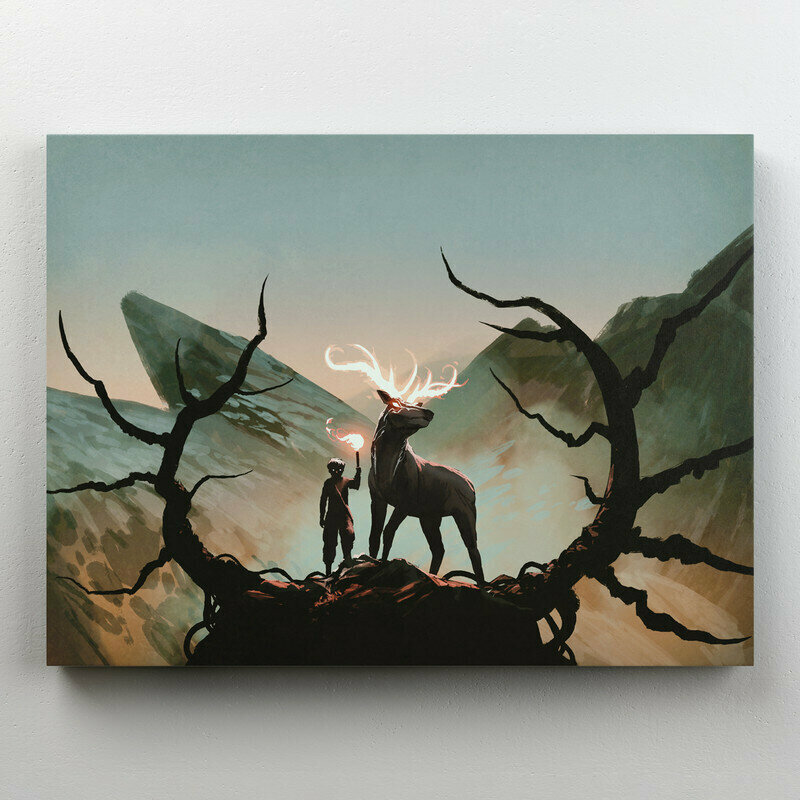 Интерьерная картина на холсте "Мальчик с факелом и своим тотемным животным" размер 30x22 см