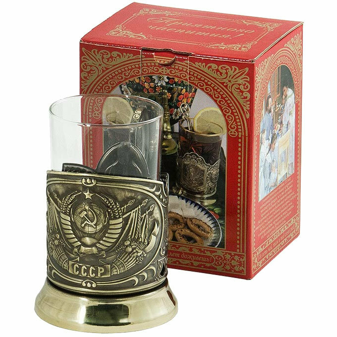 Латунный подстаканник "СССР" со стаканом в подарочной коробке