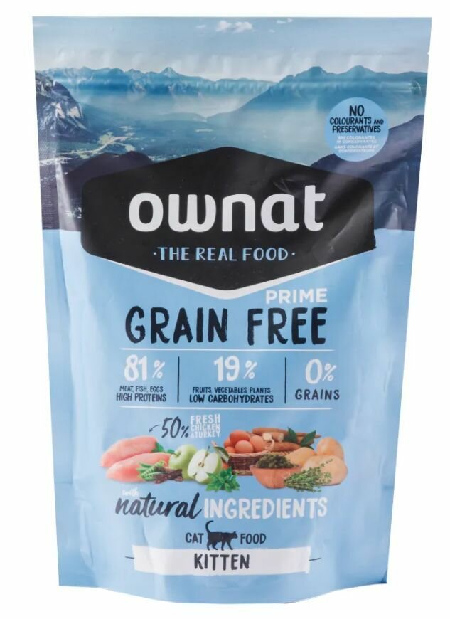 Ownat Kitten Prime Корм сухой беззерновой для котят, с мясом цыплёнка и индейки, 400 гр.