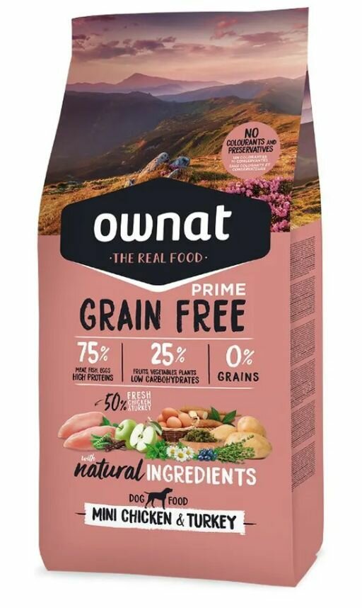 Ownat Prime Mini Корм сухой беззерновой для собак мелких пород, с курицей и индейкой, 1 кг