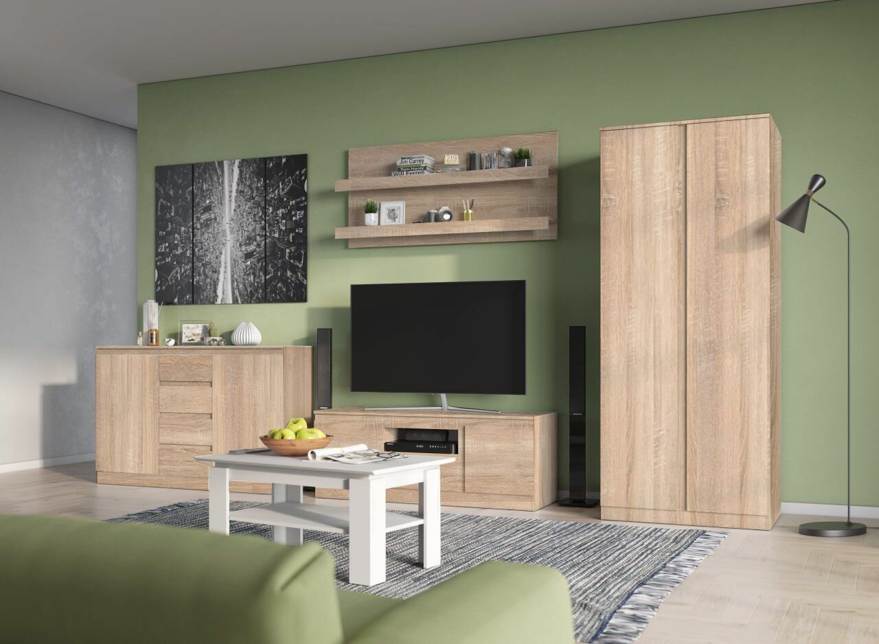 Комплект мебели в гостинную, модульная стенка НК-Мебель, гостиная Stern 1, Дуб Сонома, (ШхВхГ) 358х200х58 см.