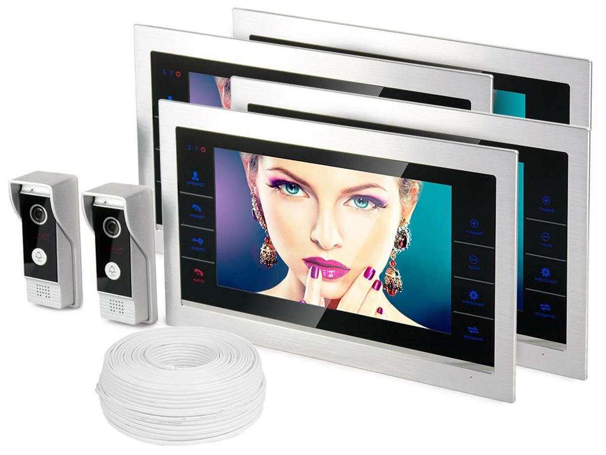 Набор: четыре AHD видеомонитора HDcom S-101AHD и 2 вызывные антивандальные панели. Запись видео на SD карту подарочная упаковка