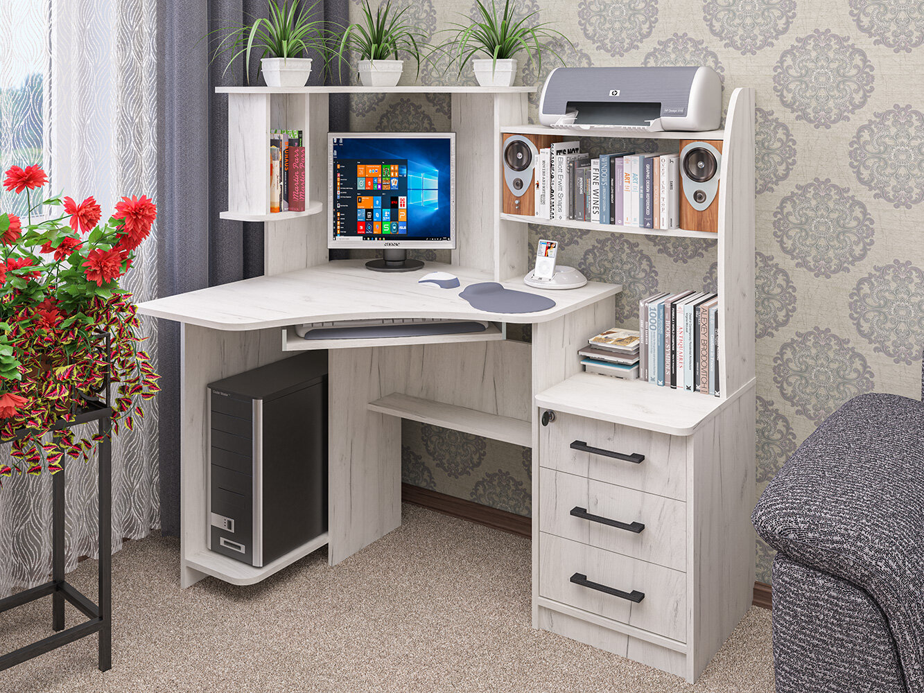 Стол компьютерный МК"Пирамида"СК-39 с надстройкой, универсальный (правый, левый), цвет крафт светлый, 129х127х90 см