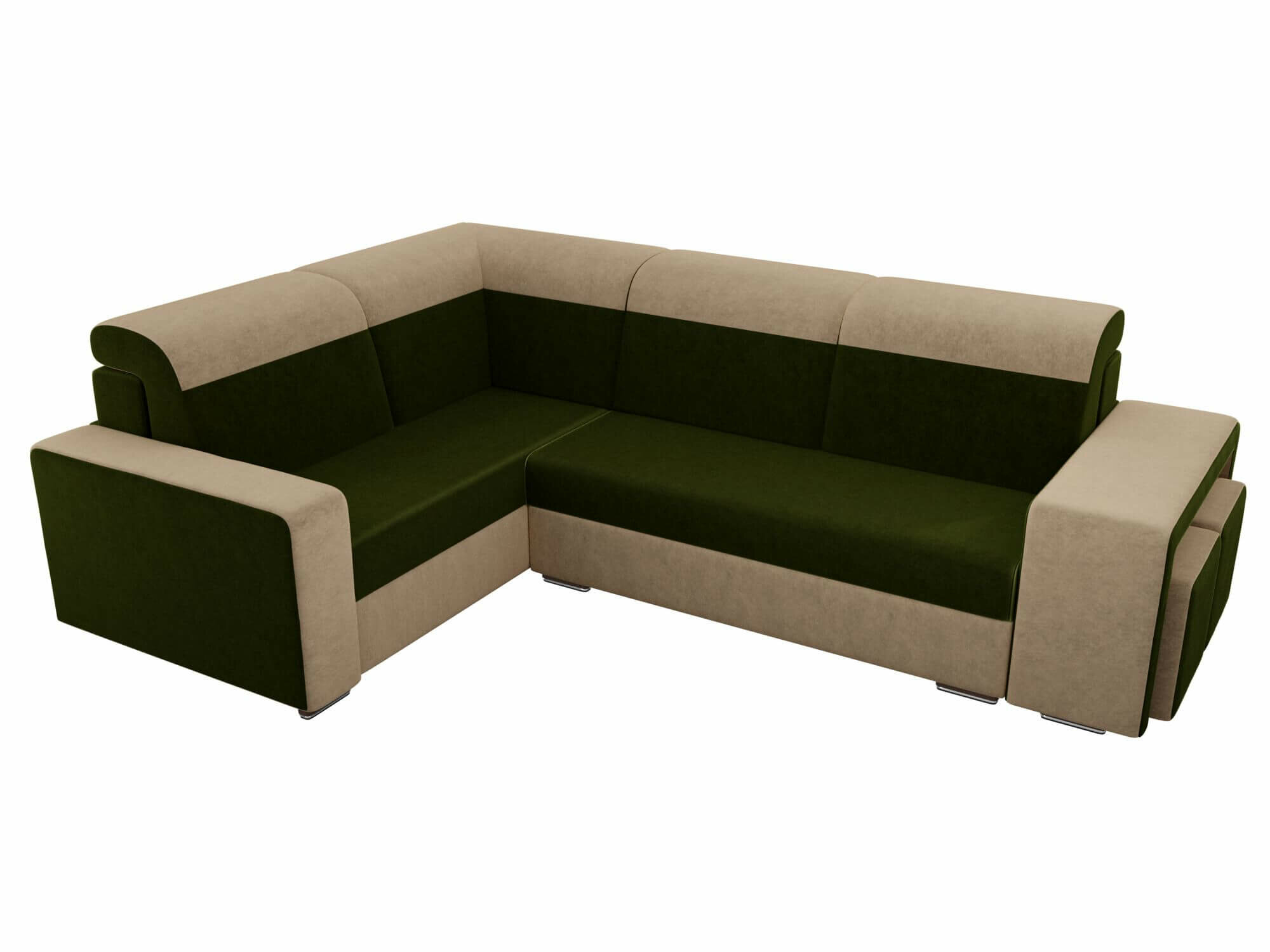 Artum Угловой диван Мустанг с двумя пуфами вельвет зеленый бежевый левый