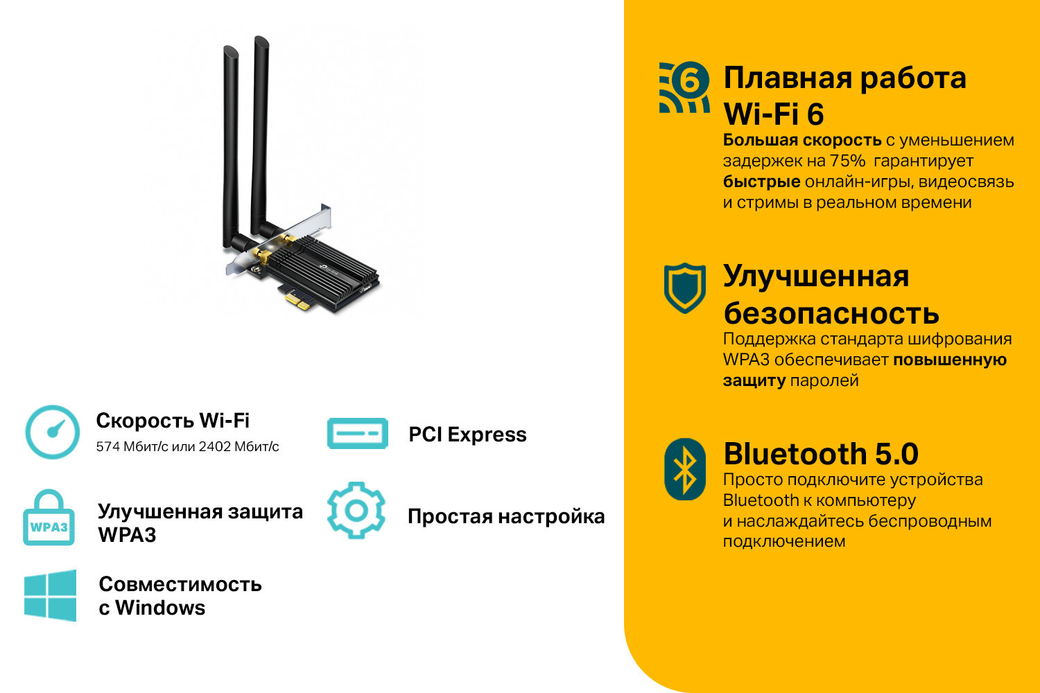 Сетевой адаптер TP-LINK Wi-Fi + Bluetooth, Aх3000, PCI Eхpress, с 2 несъемными внешними антеннами (ARCHER TX50E)