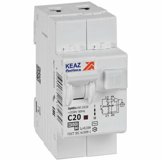 Дифференциальный автомат Кэаз 2п с защитой от сверхтоков OptiDin D63-22C20-AC-У3 C20 30мА 4.5кА, 328099