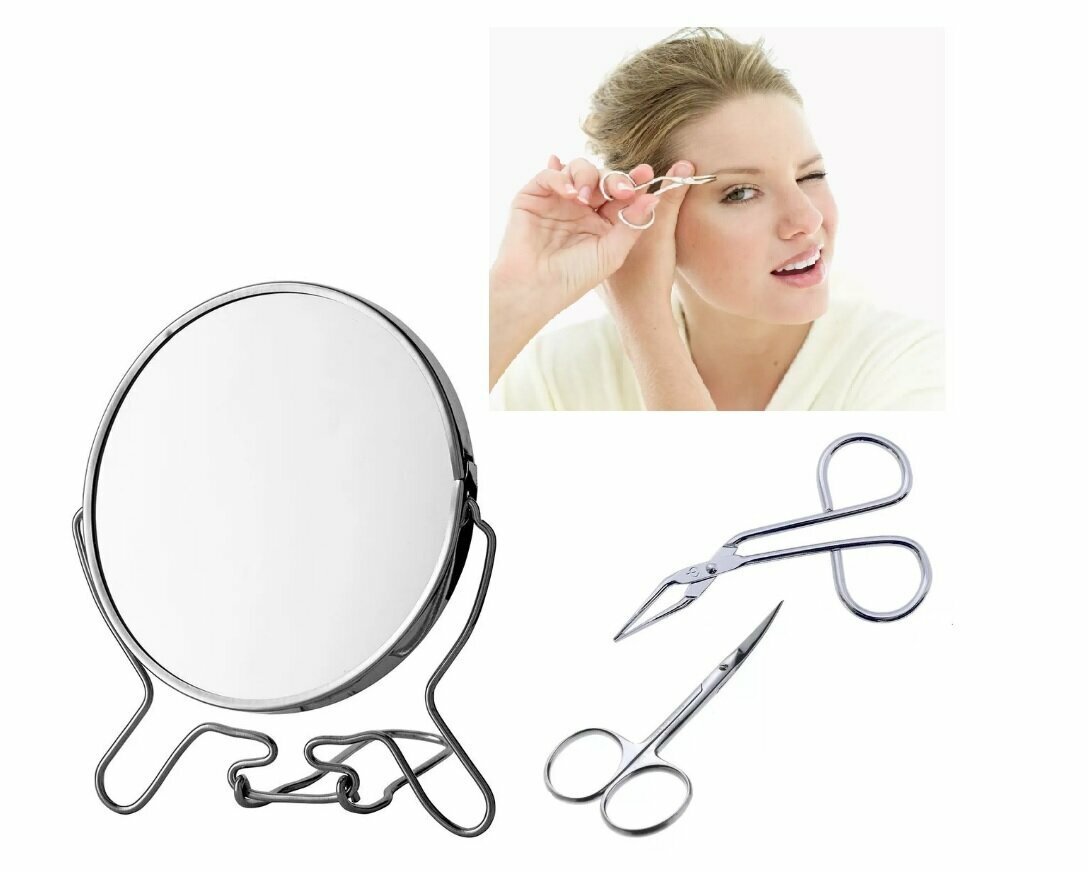 Инструменты для Выщипывания бровей : Пинцет , Ножницы ( мал.) и Зеркало (двухстороннее ) . Цельнометаллические , прочные