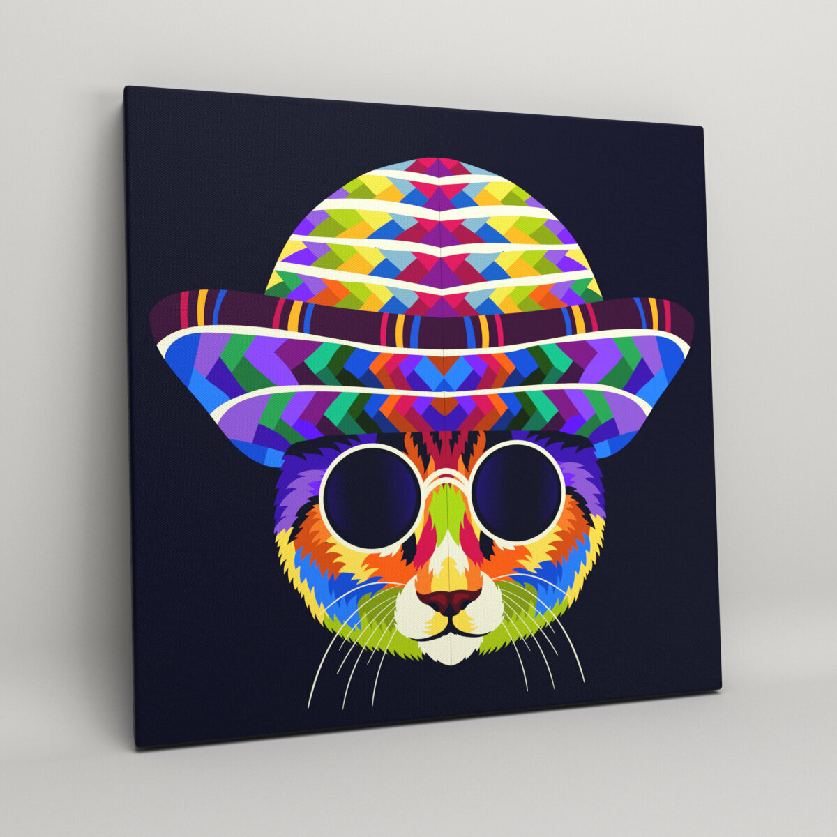 Картина на холсте (интерьерный постер) "Кот в очках и шляпе", с деревянным подрамником, размер 45x45 см