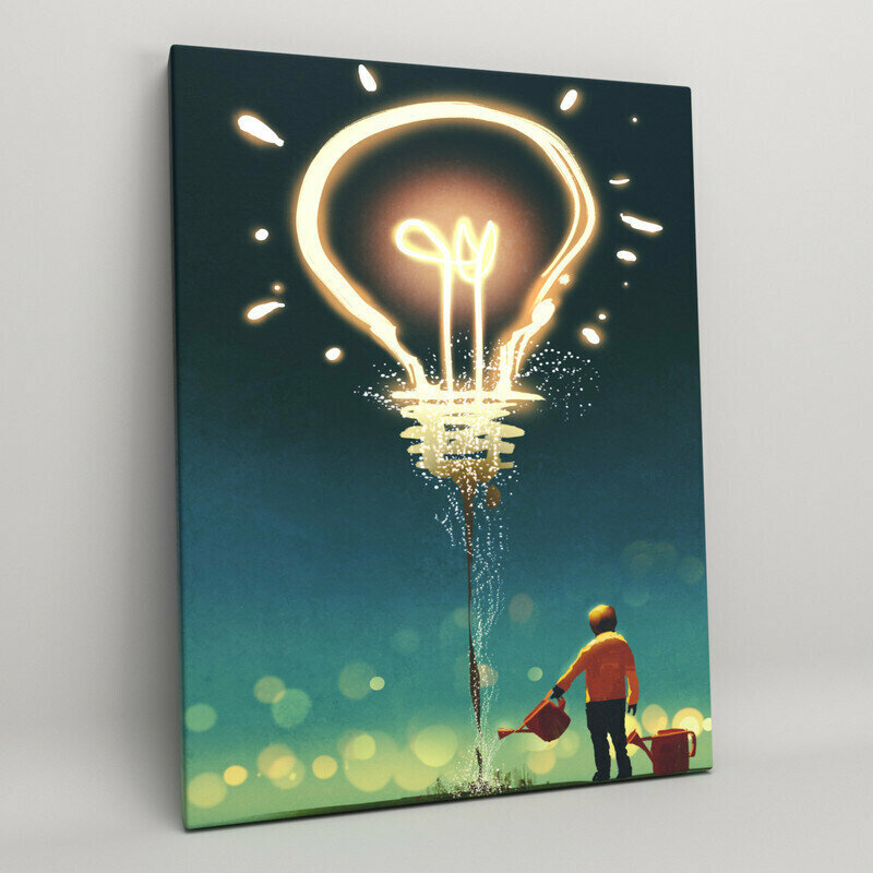 Картина на холсте (интерьерный постер) "Неоновая лампочка и мальчик", с деревянным подрамником, размер 22x30 см