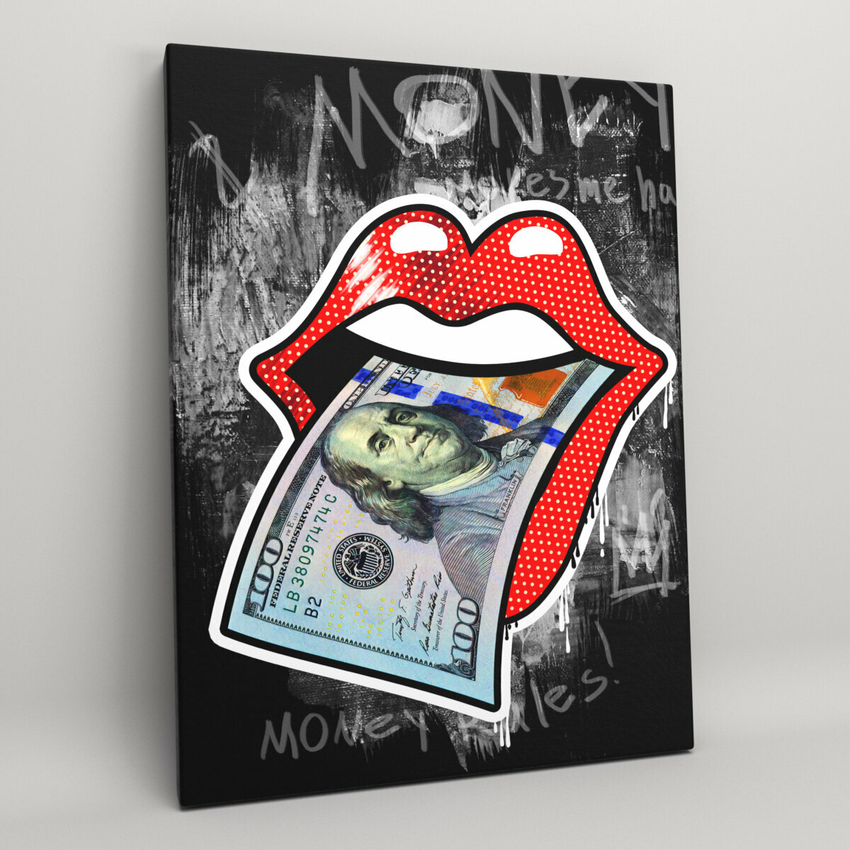 Картина на холсте (интерьерный постер) "Губы и доллар", с деревянным подрамником, размер 30x40 см