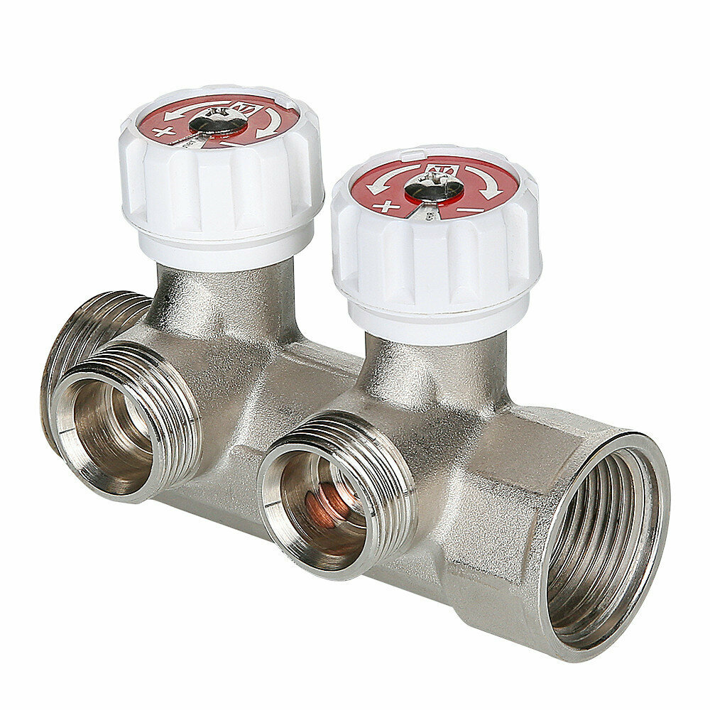 Коллектор VALTEC 1" на 2 выхода евроконус 3/4", с белыми регулирующими вентилями, VTc.570. NE.0602