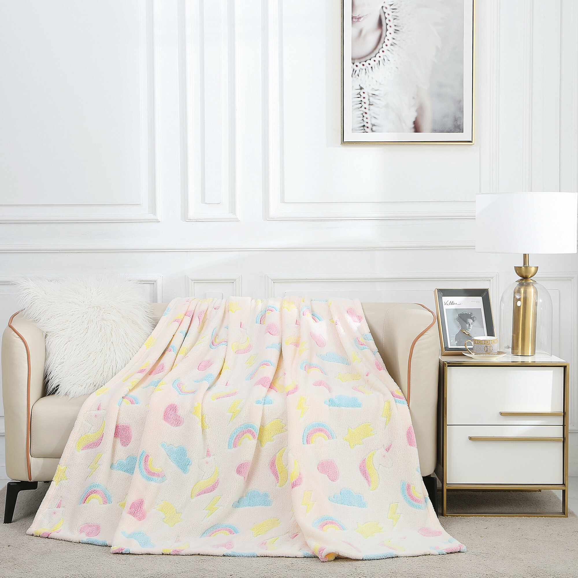 Плед светящийся в темноте 150х200 Cleo Бамбук Неон с единорогами, покрывало на кровать и диван, велсофт