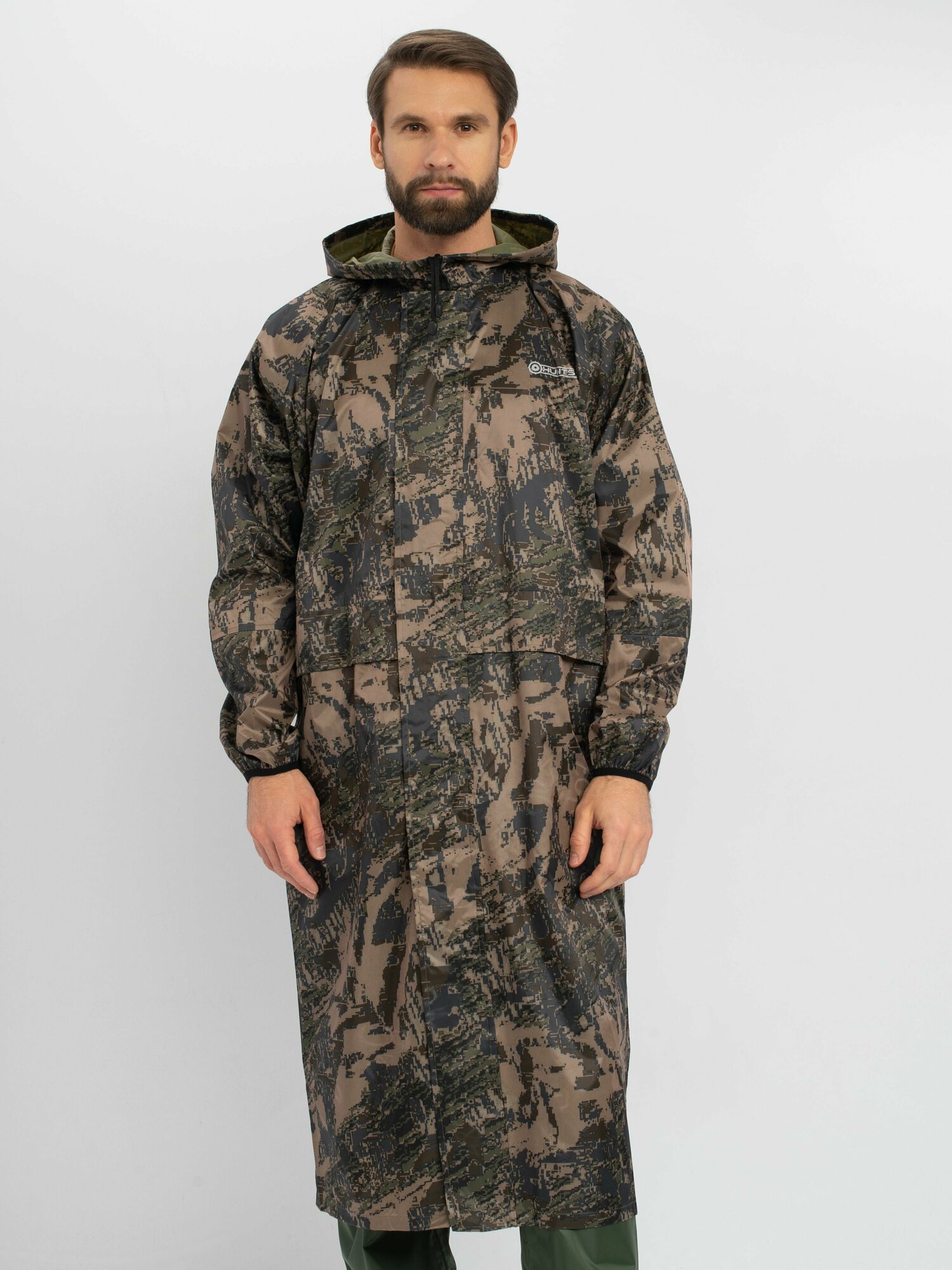 Плащ-дождевик с капюшоном мужской Huntsman ВВЗ для рыбалки, охоты, непромокаемый, ткань таффета PVC 20000, цвет Лабиринт (р.56-58/182)