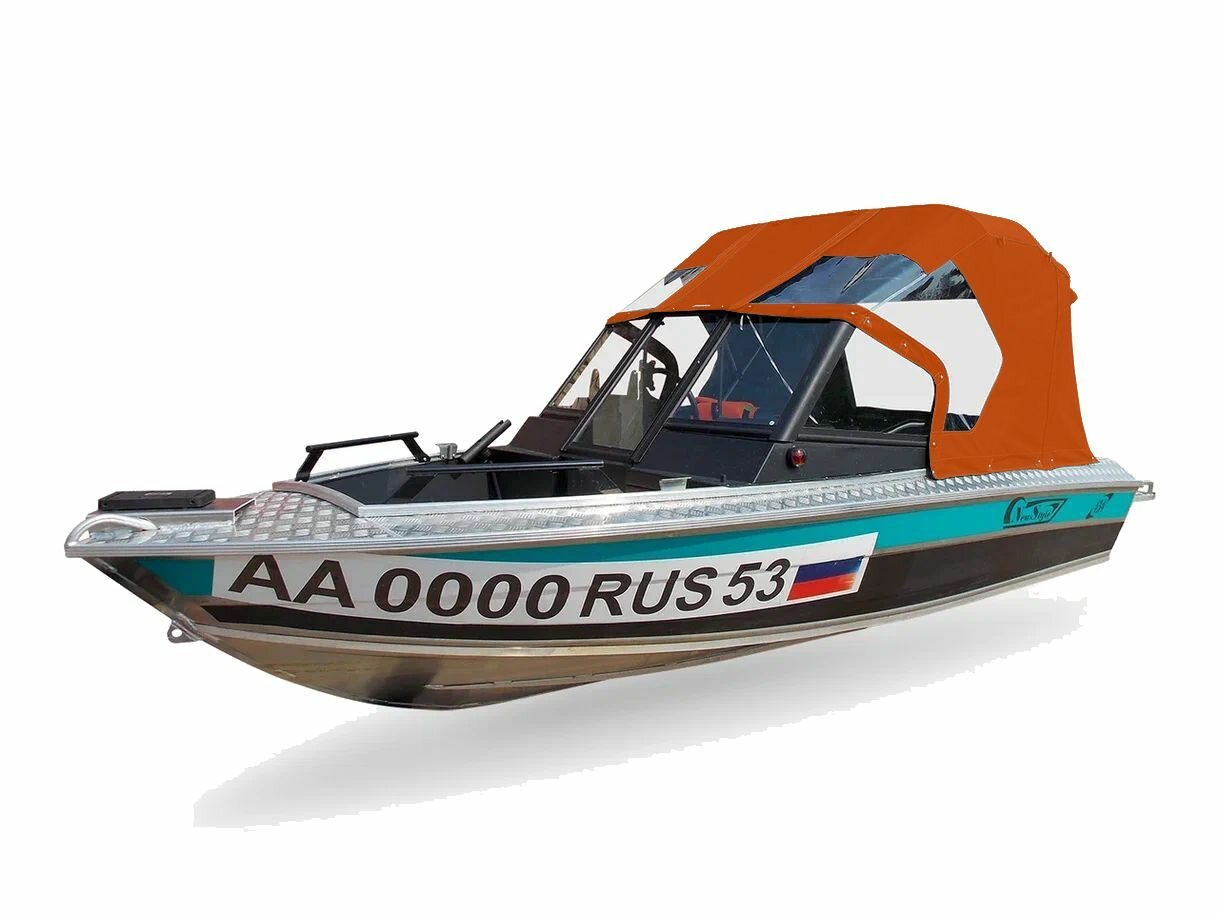 Вельбот 434НС / Wellboat 434NS. Тент с дугами с креплениями для стекла с калиткой