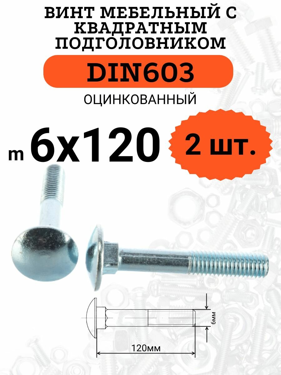 DIN603 6х120 винт мебельный с квадратным подголовником, 2 шт.