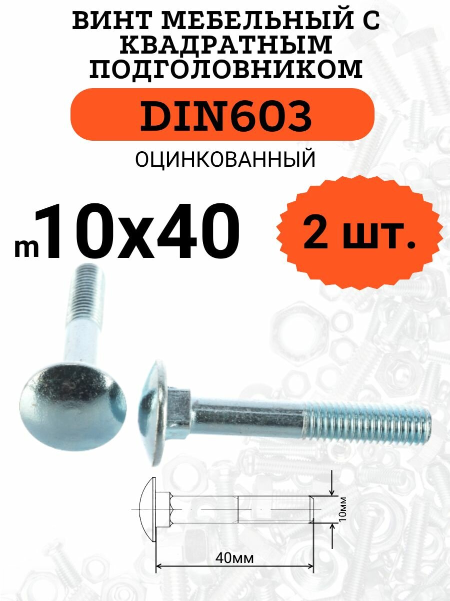 DIN603 М10х40 винт мебельный с квадратным подголовником, 2 шт.