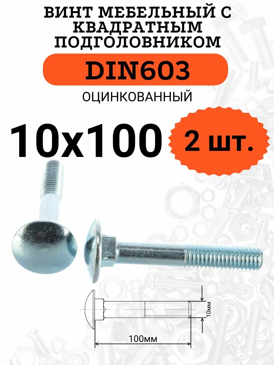 DIN603 М10х100 винт мебельный с квадратным подголовником, 2 шт.