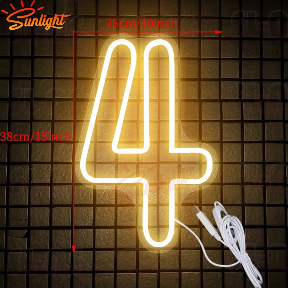 Неоновые цифры 0-9, теплый белый свет, 38 см number 4