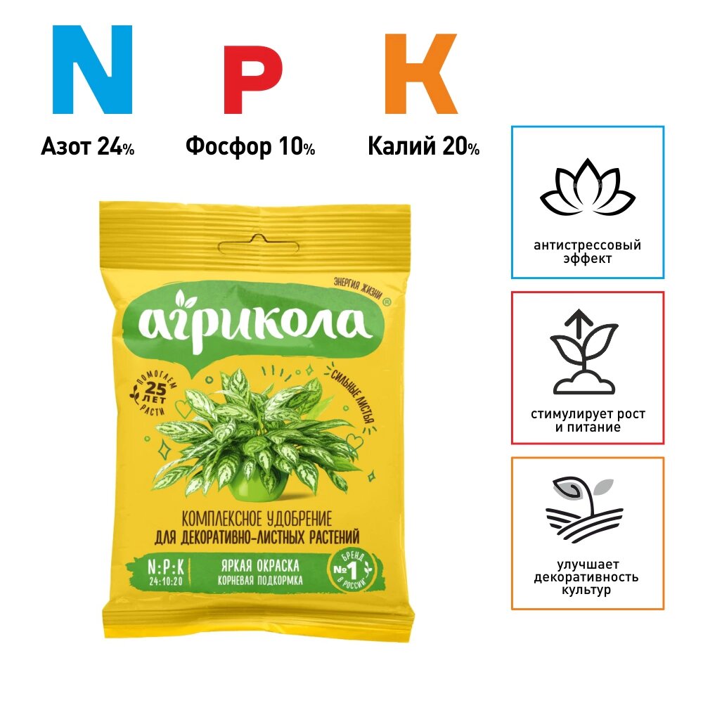 Удобрение универсальное "Агрикола" для декоративно-лиственных растений, водорастворимое, 3шт х 25 г