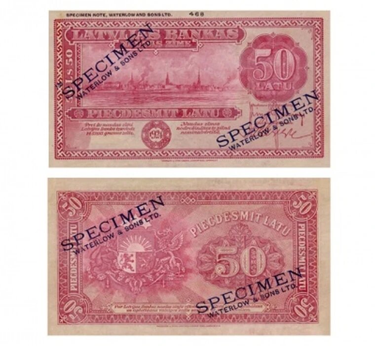 50 лат 1924 Латвия, надпечатка образец, сувенирная копия, банкноты и купюры редкие коллекционные