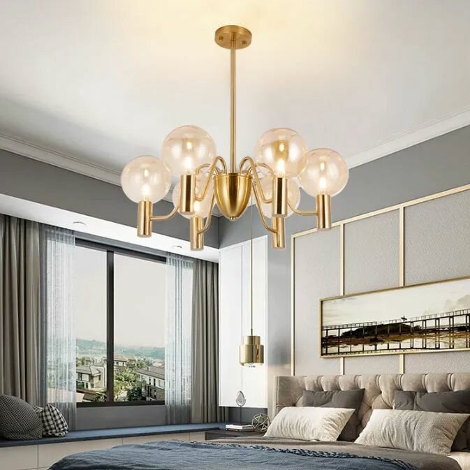 Современная Минималистичная Золотая Люстра С Дизайном Стеклянных Шаров Розового Цвета И Цвета Шампанского. Подходит Для Спальни, Гостиной, Столовой. Светодиодные Светильники Для Украшения Дома. CH007