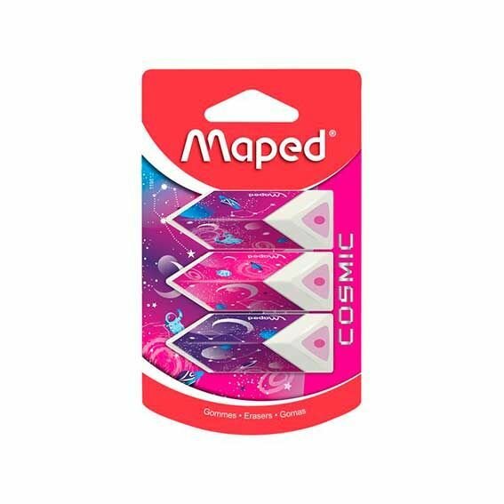Ластики Maped "Cosmic Kids", треугольные белые с цветной серединой, футляр, 3 шт (119512)