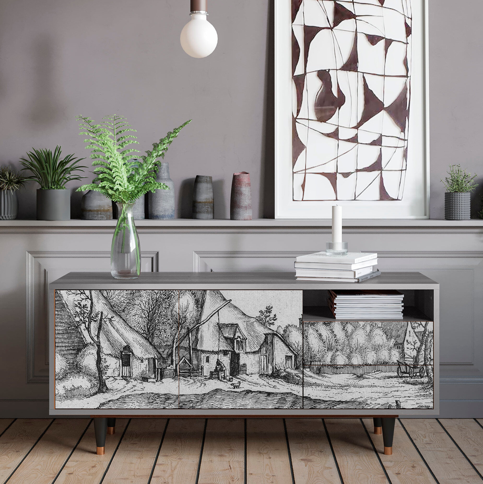 ТВ-Тумба - STORYZ - T7 Farms in a Village by Pieter Breugel, Размер - 125 x 56 x 41 см, Цвет корпуса - , Серый