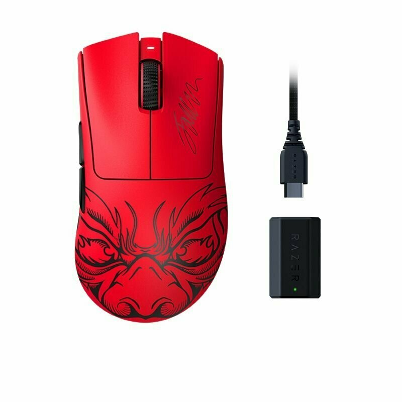 Игровая мышь беспроводная Razer Razer DeathAdder V3 Pro FAKER Limited Edition, red+4KHz signal receiver, коричнево-красный