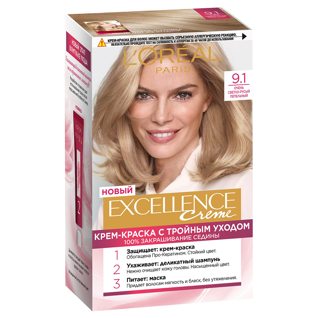 Краска для волос L'Oreal Paris Стойкая Excellence, тон 9.1 Очень светло-русый пепельный