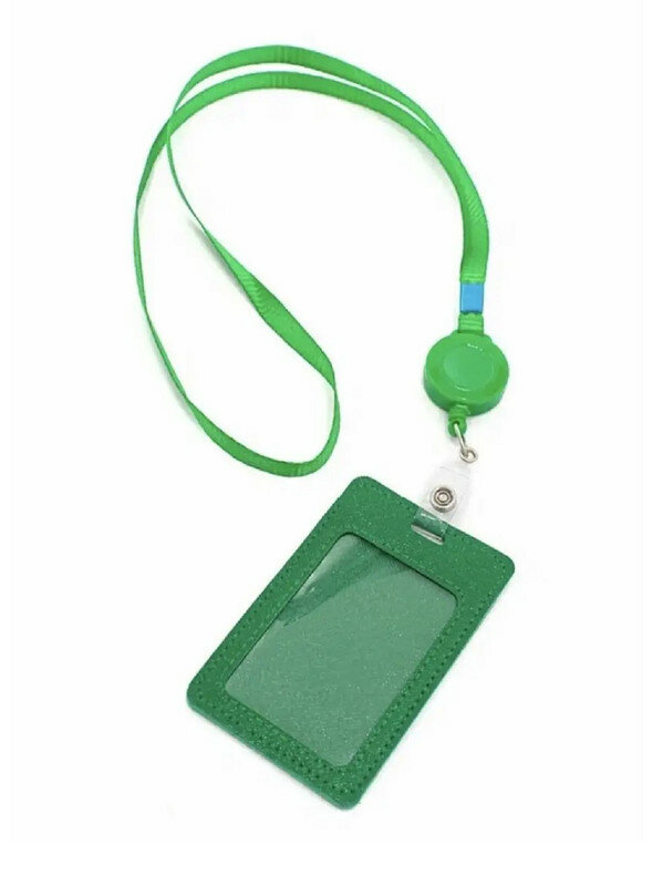 Бейдж вертикальный с лентой, рулеткой-ретрактором и вытяжной нитью, два кармана 10,5 х 6,5 см зеленый