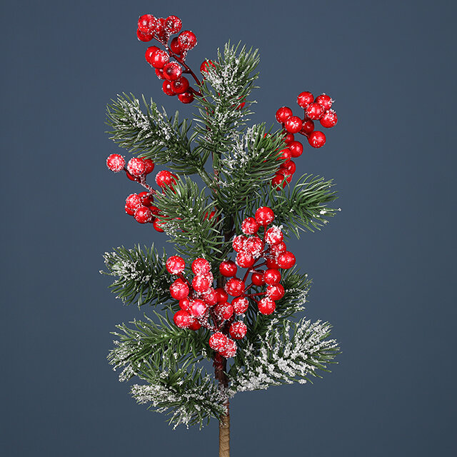 Хвойная ветка с ягодами заснеженная в блестках Red Berry 50 см, литая 100%, TreeDeLuxe, 89176