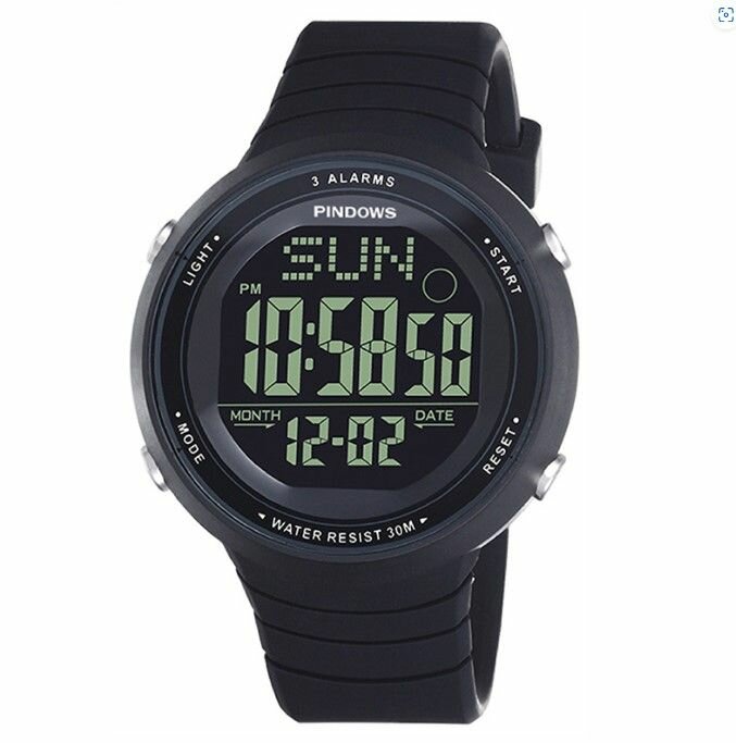 Часы PINDOWS, водонепроницаемые, с LED-подсветкой, черный корпус, 4.6см
