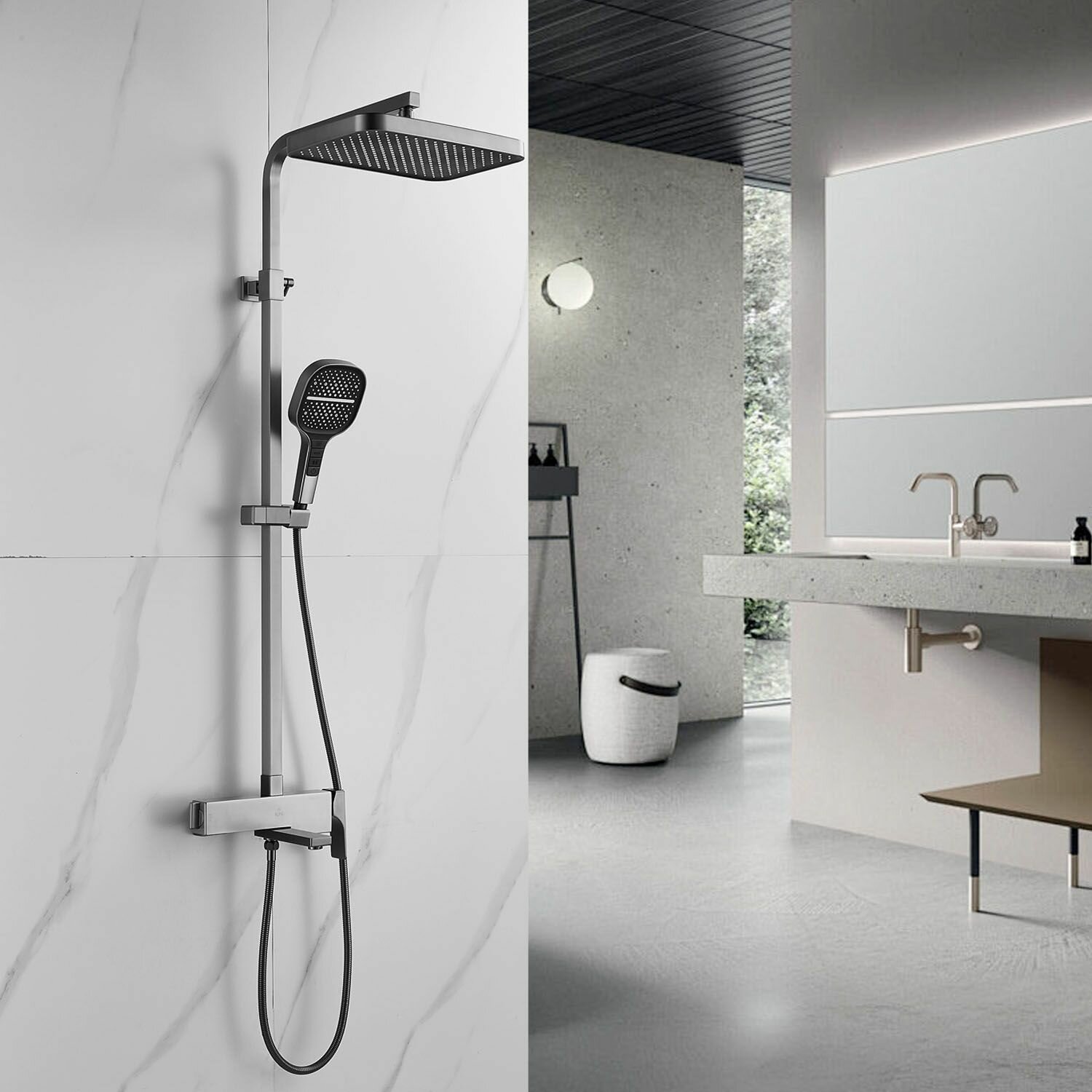 Душевая система Rose с верхним тропическим душем и ручной лейкой, оружейная сталь