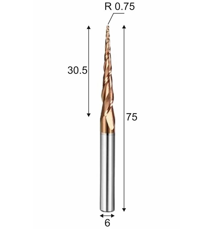Фреза конусная двухзаходная сферическая для станков с ЧПУ R0.75х30.5х75х6