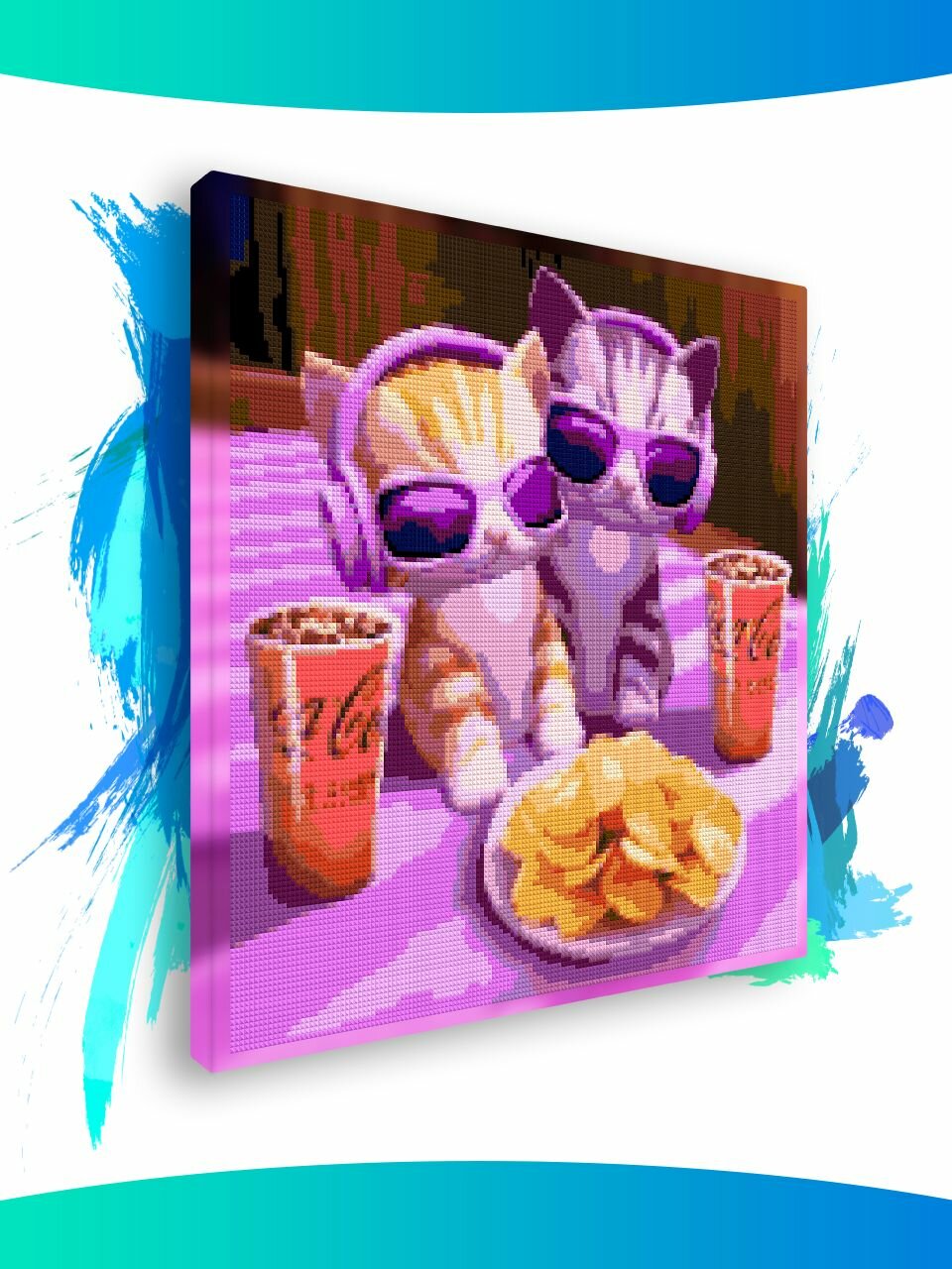 Алмазная мозаика на подрамнике - вышивка - Котики с колой и чипсами 40х40