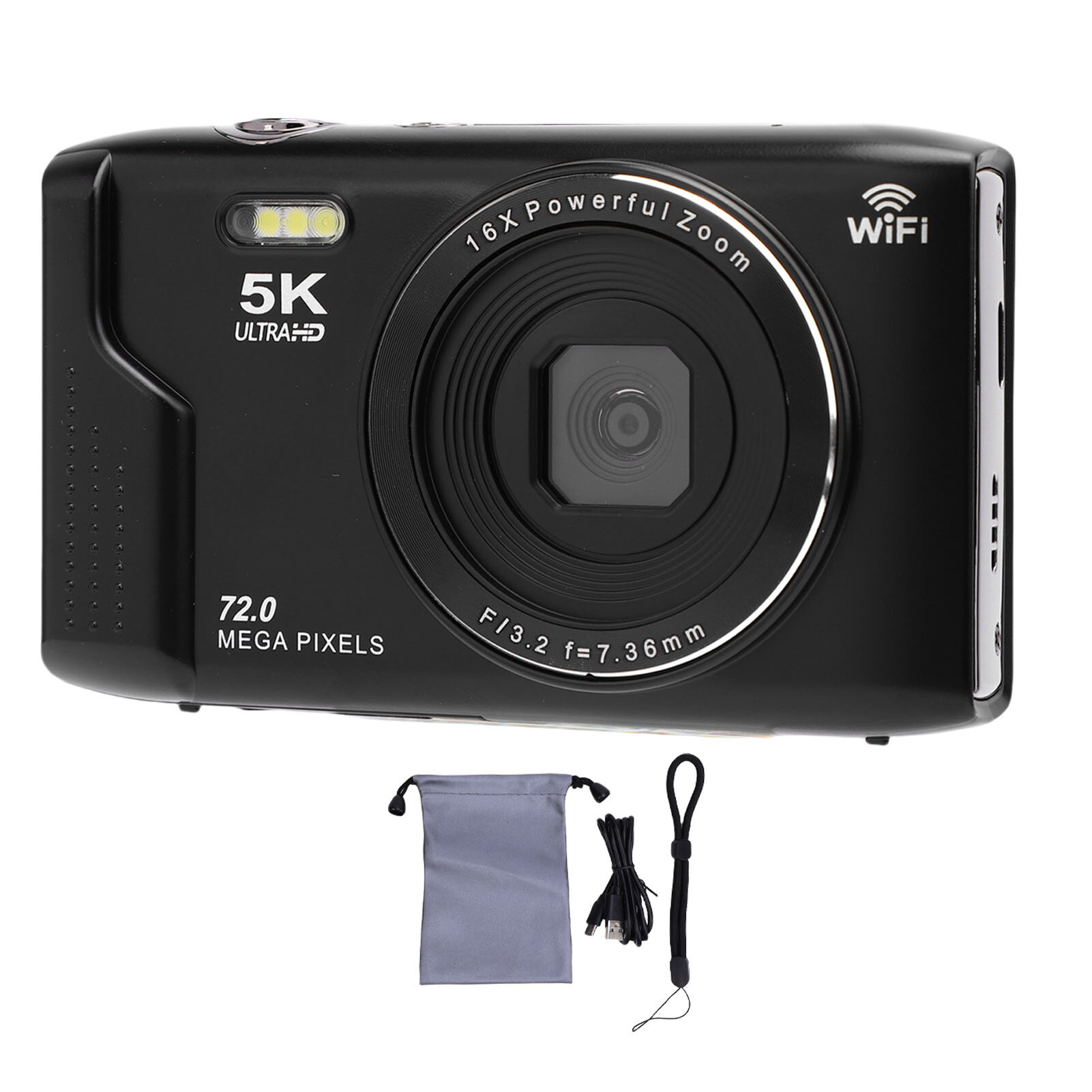 5K Digital Camera 72MP 2.8 Inch Ultra HD Screen 16x Zoom Auto Focus WiFi with Built in Flash for Travel Photography Black 64GB