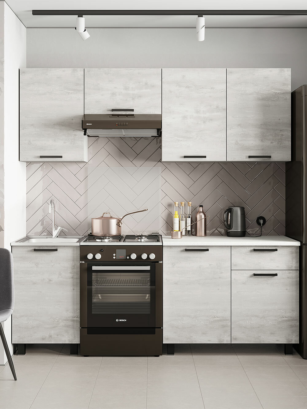 Кухонный гарнитур Сканди 2 м, мебель для дома и кухни, Белый / Бетон Пайн светлый / столешница Антарес