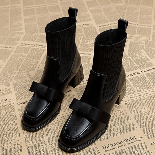 Женские зимние ботинки Bow Snow с бантом, зимняя обувь до середины голени, массивные дизайнерские модные ботинки-носки 2024 года, модное готическое платье, женская обувь Zapatillas