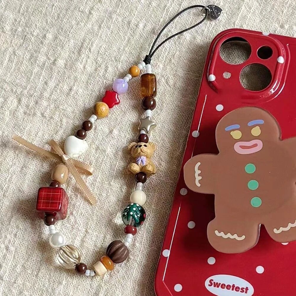 Корейский милый бурый медведь, Рождественская елка, брелок для телефона с бисером, браслет, ремешок для iPhone, Samsung, универсальный ремешок с защитой от потери