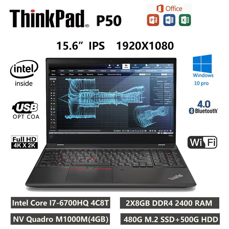 Подержанный ноутбук 15.6" Lenovo Thinkpad P50 ( Intel CORE i7-6700HQ CPU+2X8G DDR4 2400+480GB M.2 NGFF SSD+500G HDD+Nvidia Quadro M1000M 4G+Intel HD Graphics 630+1920X1080 IPS ) Win 10 pro