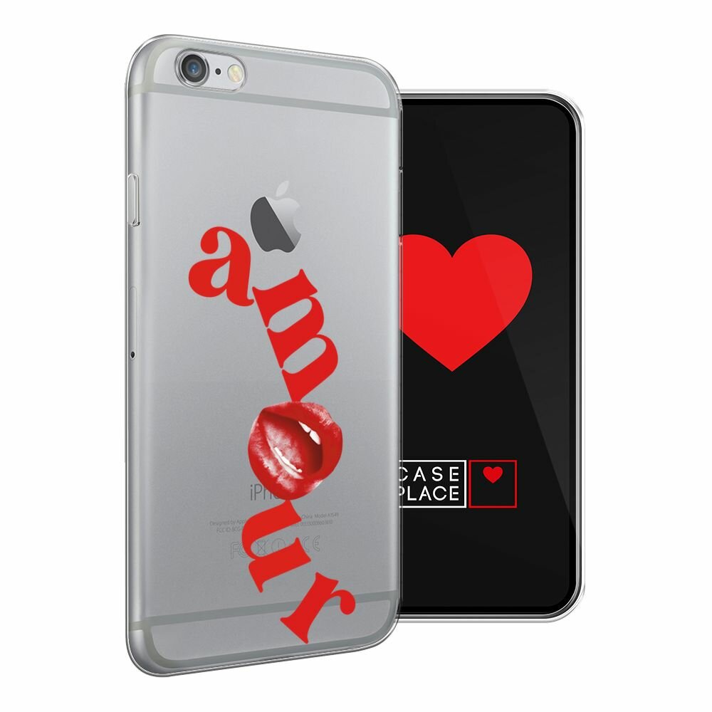 Чехол на Apple iPhone 6 / Айфон 6 с принтом "Amour lips - 14 февраля", прозрачный — фото 1