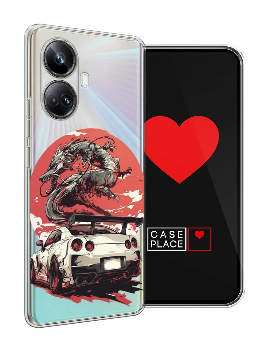 Чехол на Realme 10 Pro+ / Реалми 10 Про+ с принтом "Car and dragon", прозрачный — фото 1
